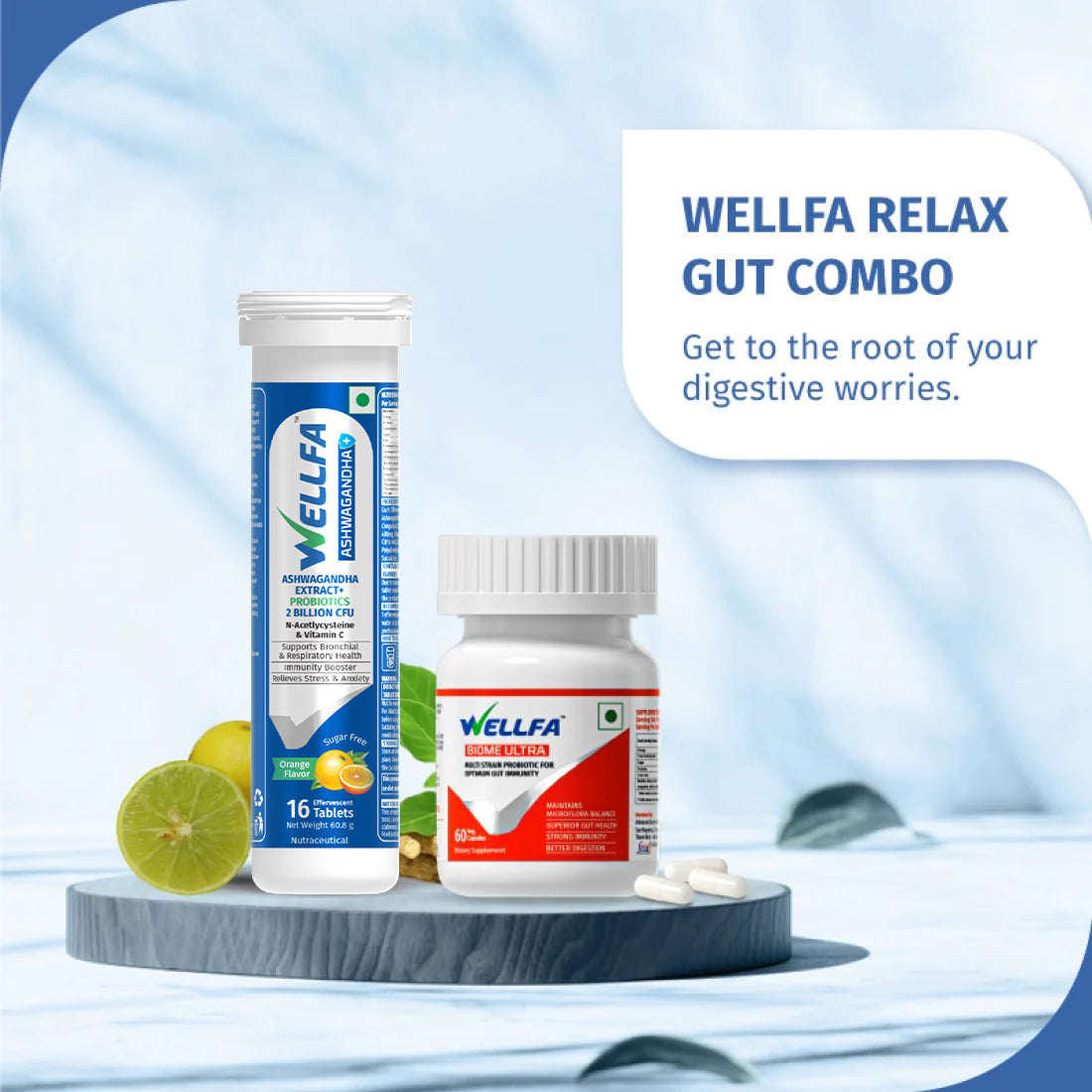 Relax Gut Combo - Veg Capsules & Effervescent Tabs for Gut Health | Wellfa